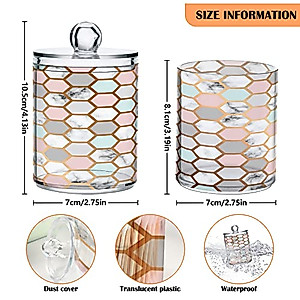 BOENLE 2 Pack Qtip Holder Dispenser Marble Rose Gold Pink Honeycomb Bathroom Storage Canister Lid Acrylic Plastic Apothecary Jar Set Vanity Makeup Organizer for Cotton Swab/Ball/Pad