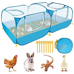 SlowTon Small Animals Playpen, Portable Large Chicken Run Coop with Breathable Transparent Mesh Walls Foldable Pet Cage Tent with 4 Zipper Doors for Puppy Rabbits Outdoor Yard (No Bottom)