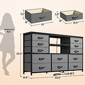 EnHomee Long Dresser for Bedroom with 12 Fabric Drawers,Bedroom Dresser with LED Lights & Power Outlet, Wooden Top & Metal Frame,for Living Room, Closet, Grey, 49.2''W*11.8''D*35.4''H
