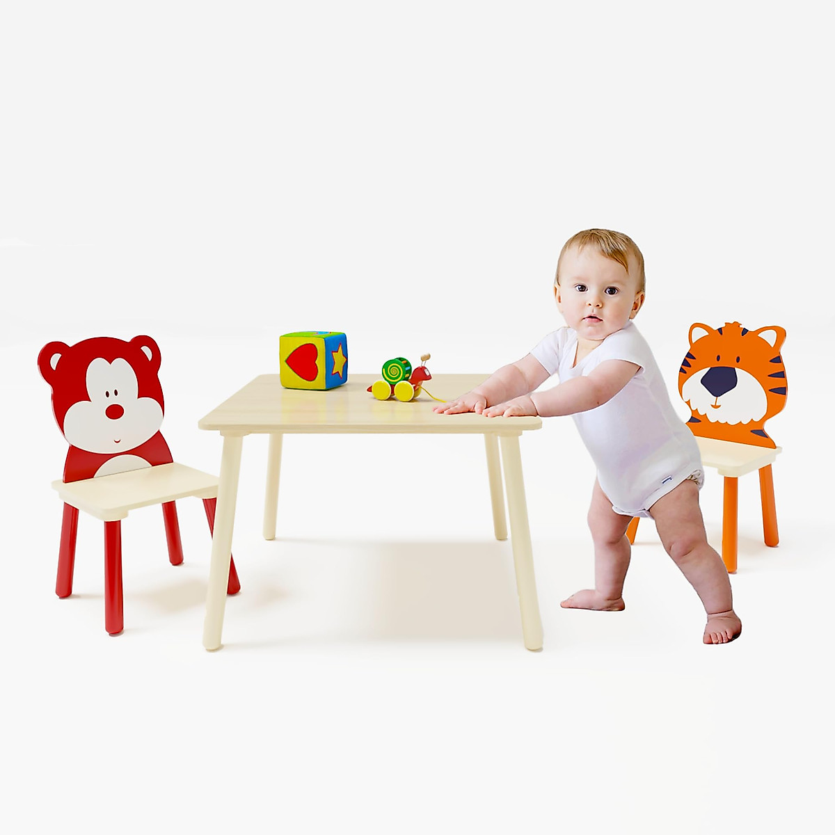 3 Piece Wood Table & Chair Set for Age 2-6 Boy Girl, Wood Activity Table Drawing Play Table Set w/ 2 Animals Chairs for Home, Nursery, Kindergarten, Age 2-6 Boy Girl Activity Table Chair 3 Pieces Set