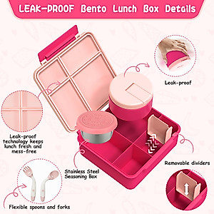 Kids Bento Lunch Box with 8oz Soup Thermo, Kids Leakproof Lunch Food Containers with 4 Compartment, Kids Insulated Hot Food Jar with Lunch Bag for School, Trvael (Pink)