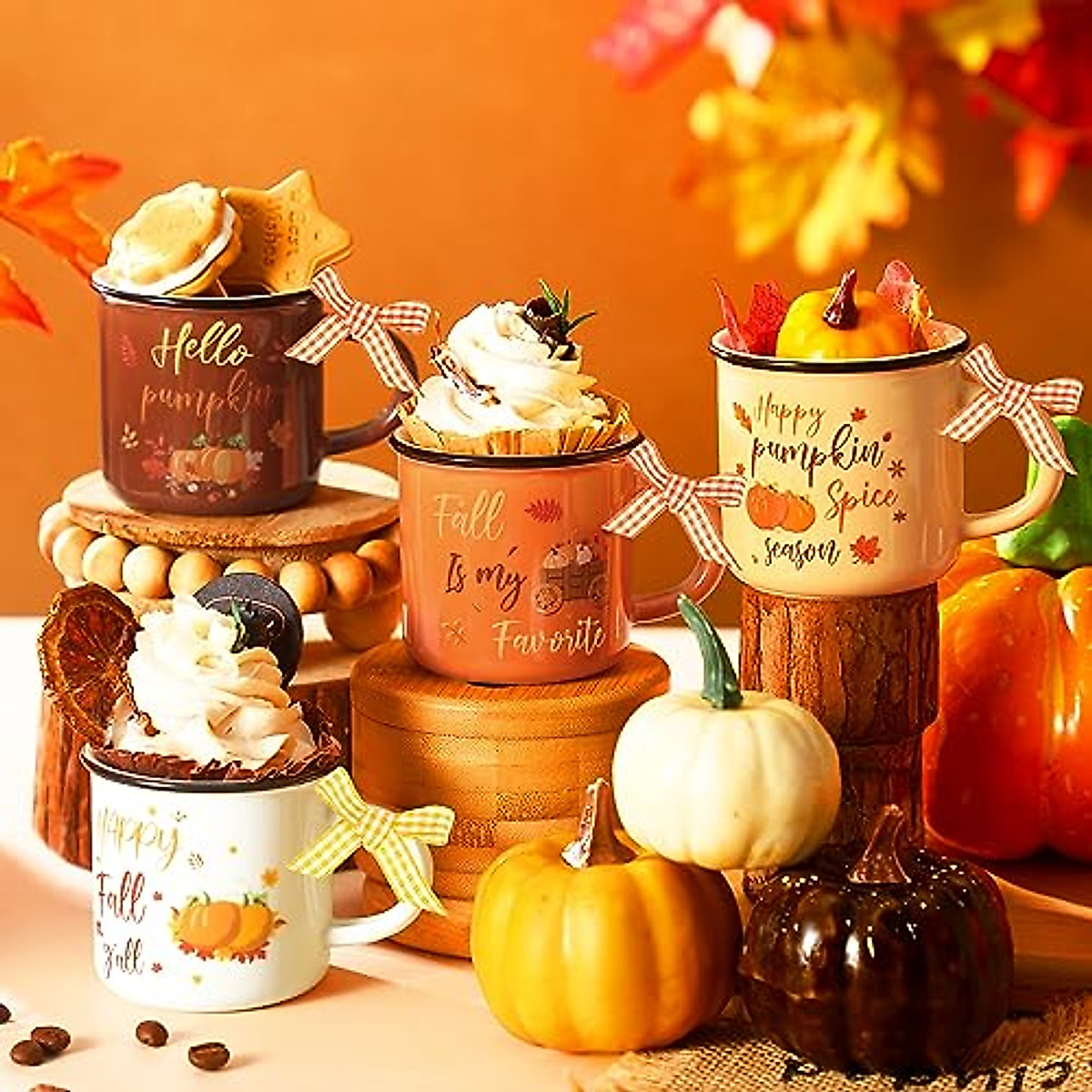 Lallisa 4 Pcs Fall Mini Coffee Mug Autumn Pumpkin Maple Leaf Mini Coffee Cups Fall Tiered Tray Decor with Handle for Kitchen Farmhouse Thanksgiving Home Decoration Centerpieces Gift Centerpieces Party