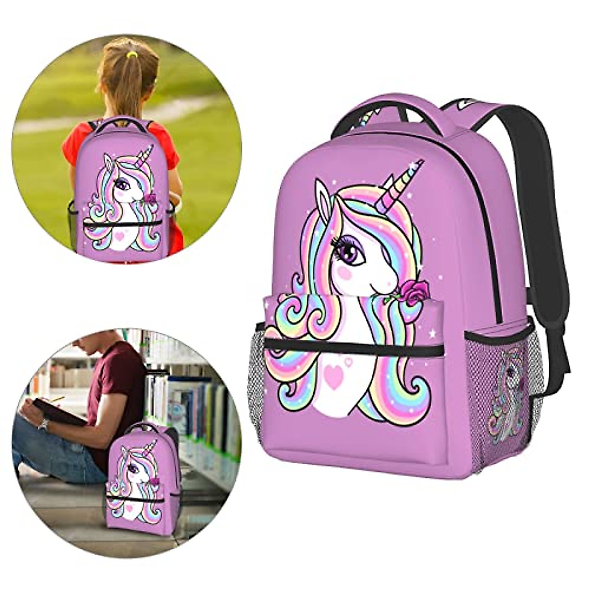 FeHuew Girls Rose Unicorn Backpacks Bookbag 16 Inch Shoulder Bag Daypack for 1-5th Grade School