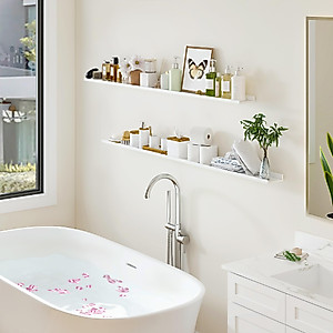 Love-KNPTUS Picture Ledge Shelf, White Floating Shelves Set of 2, 72 Inch Long Floating Shelves with Lip for Wall, Solid Bamboo Wall Mounted Shelf for Bedroom, Living Room, Bathroom, Kitchen