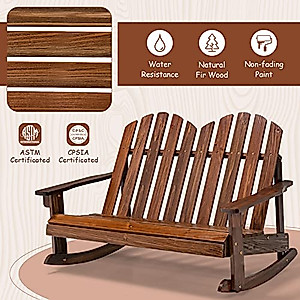 Giantex 2-Person Adirondack Rocking Chair - Kids Outdoor Rocking Bench with Slatted Seat, High Backrest, 220LBS Weight Capacity, Kids Patio Rocker for Balcony, Yard, Poolside (1, Coffee)