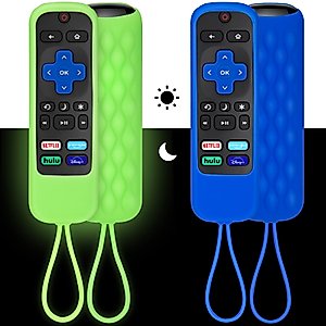 [2 Pack] Silicone Protective Case Compatible with Roku TV Remote, TCL Roku,Hisense Roku, Remote Cover Also for Roku Express+ and Roku Streaming Stick Remotes (Luminous Green + Blue)