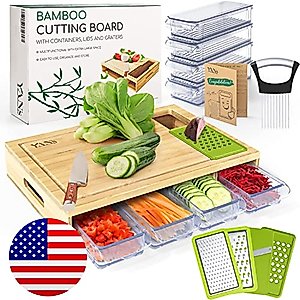 YANs Bamboo Cutting Board with Containers for Easy Meal Prep - Full Chopping Board Set with Extra Large Storage - Durable Wood Cutting Board Organizer incl Juice Groove to Keep Your Kitchen Tidy - Set