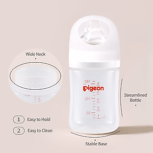 Pigeon PP Nursing Bottle Wide Neck, Streamlined Body, Natural Feel, Easy to Clean, 5.4 Oz(Pack of 4), Includes 4pcs SS Nipples (0m+)