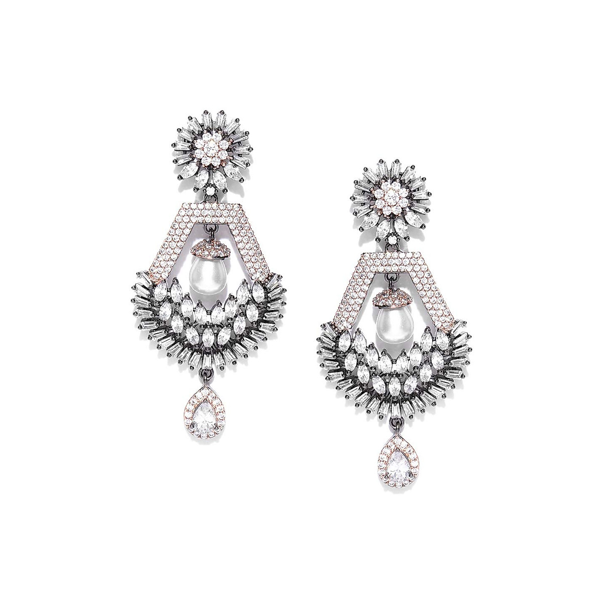 Priyaasi Dual-Toned Pearl American Diamond Earrings for Women | Fashionable Floral Drop Design | Brass Metal | Pushback Closure | Silver Prom Earrings for Women - Party & Wedding