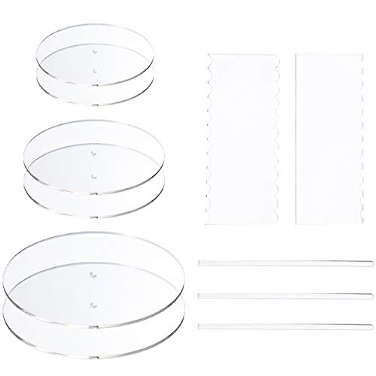 Aquiver Acrylic Round Cake Disk Set - Cake Discs Circle Base Boards with Center Hole - 2 Comb Scrapers (4 Patterns) & 3 Dowel Rod - 6.25", 8.25", 10.25", 2 of Each Size - Supplies for 3 Tier Cakes