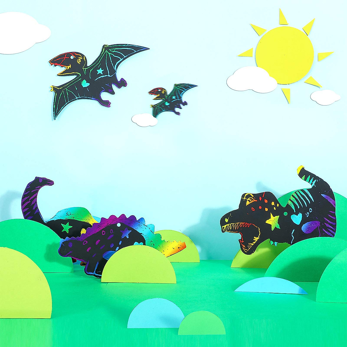 Outus 48 Pieces Scratch Dinosaur Paper Scratch Paper Dinosaur Craft Art Kits with 24 Pieces Wooden Styluses and 48 Pieces Ribbons for Dinosaur Birthday Party Game Supplies