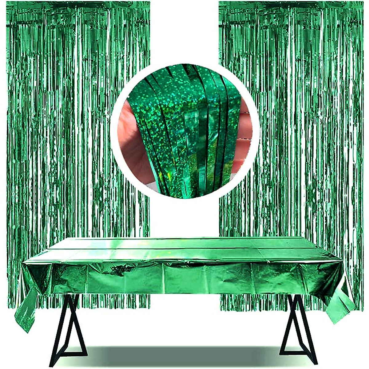 2 Pack Green foil Fringe Curtains 3.2 ft x 8.2 ft + 1 Pack Tablecloth 54” x108 for Birthday Wedding Christmas Bridal Shower Bachelorette Holiday Party Backdrops Photo Booth Props (Green)