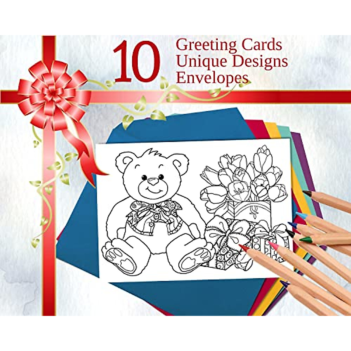 Art Eclect Adult Coloring Greeting Cards for Birthday, Anniversary and Every Occasion (10 Cards With 10 Different Unique Designs and 10 Colored Envelopes Included, Set A/Rainbow)