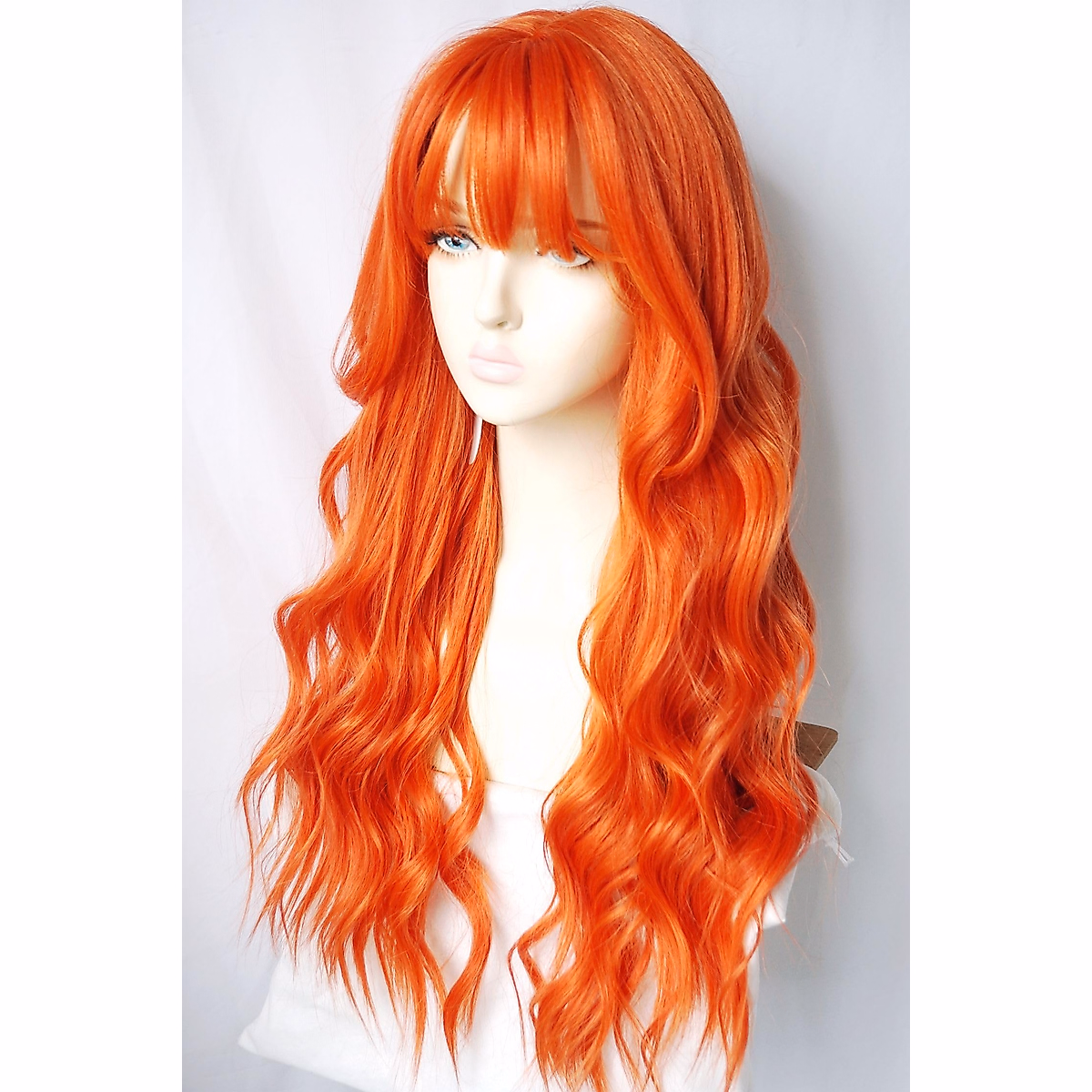 Long Red Bright Copper Wig for women curly Bloom cosplay wig Fairy costume wig synthetic wig with bangs 29inches Halloween wig for women and girl