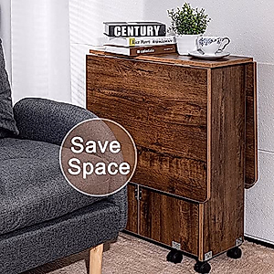 EazeHome Folding Table, Wood Kitchen Table, Versatile Dining Table with 2 Storage Shelves, Movable Dinner Table with 6 Casters, Drop Leaf Table for Small Spaces, Brown Foldable Table for 2-4 Persons