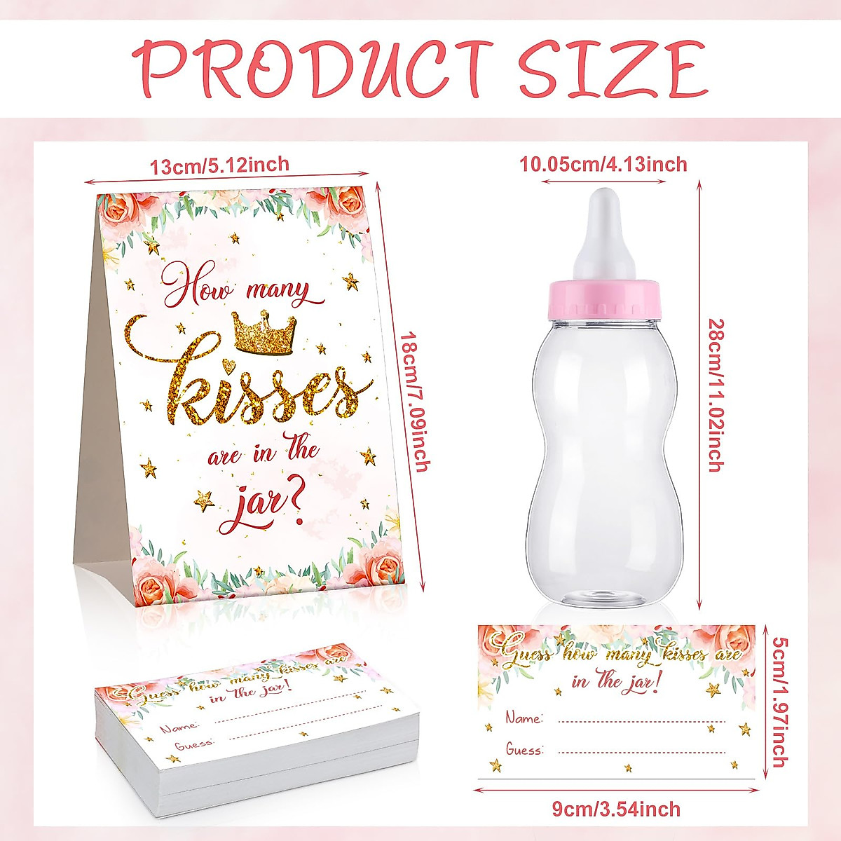 Fuutreo Guess How Many Baby Shower Game Sign with 50 Cards Floral Greenery Baby Shower Decorations with 2.76 x 2.76 x 8.27 Inch Baby Bottles for Girl Boy Party Games Favor Gift (Cute Style)