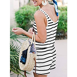 REORIA Womens Casual Summer One Piece Sleeveless Tank Top Striped Playsuits Workout Yoga Short Jumpsuit Beach Rompers White+Black Large