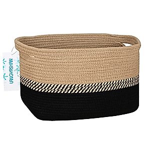 LANGYASHAN Rectangular Woven Rope Basket Decorative Blanket Basket for Living Room Storage or Nursery Laundry Hamper Basket with Handles Laundry Basket (Black Invisible Handle)