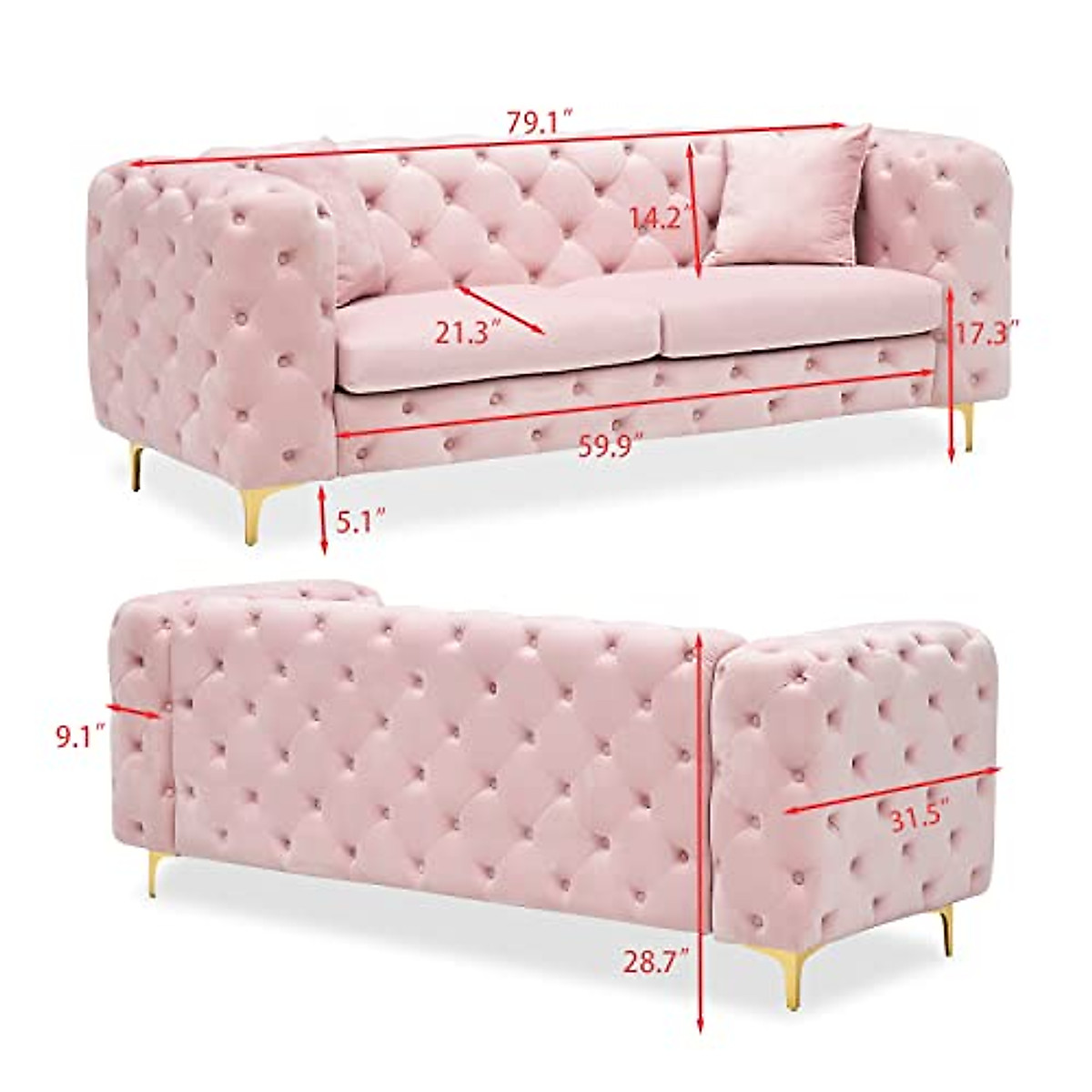 Homtique Mid-Century Modern Sofa Couch, 79 Inch Long Couch Comfy Upholstered Sofa with 2 Pillows Button Tufted Velvet High Armrest and Golden Legs Decor for Living Room, Bedroom, Apartment (Pink)