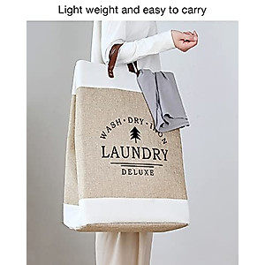 AMZTOP Linen Clothes Hamper Patchwork Collapsible Laundry Basket with Leather Handles for Storage Toys and Clothing in Bedroom, Bathroom Foldable Laundry Hamper 68L