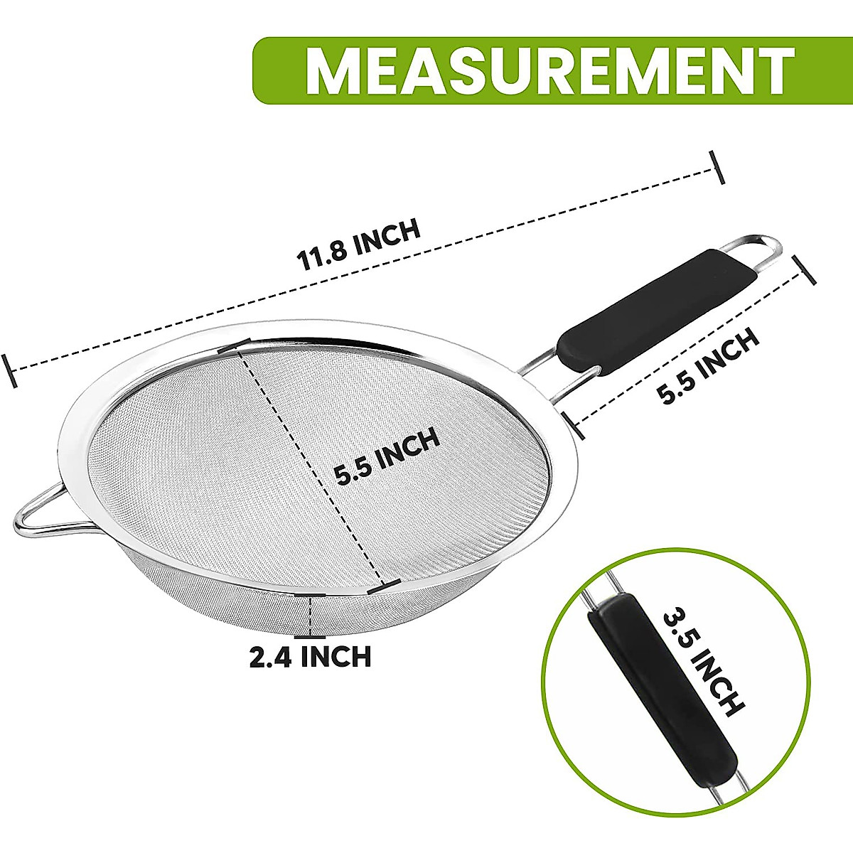 Fine Mesh Strainer with thermo plastic rubber handle - Sieve Fine Mesh Stainless Steel - Ideal to Sift Flour, Icing Sugar, Fruits and Vegetables (5.5 Inches)