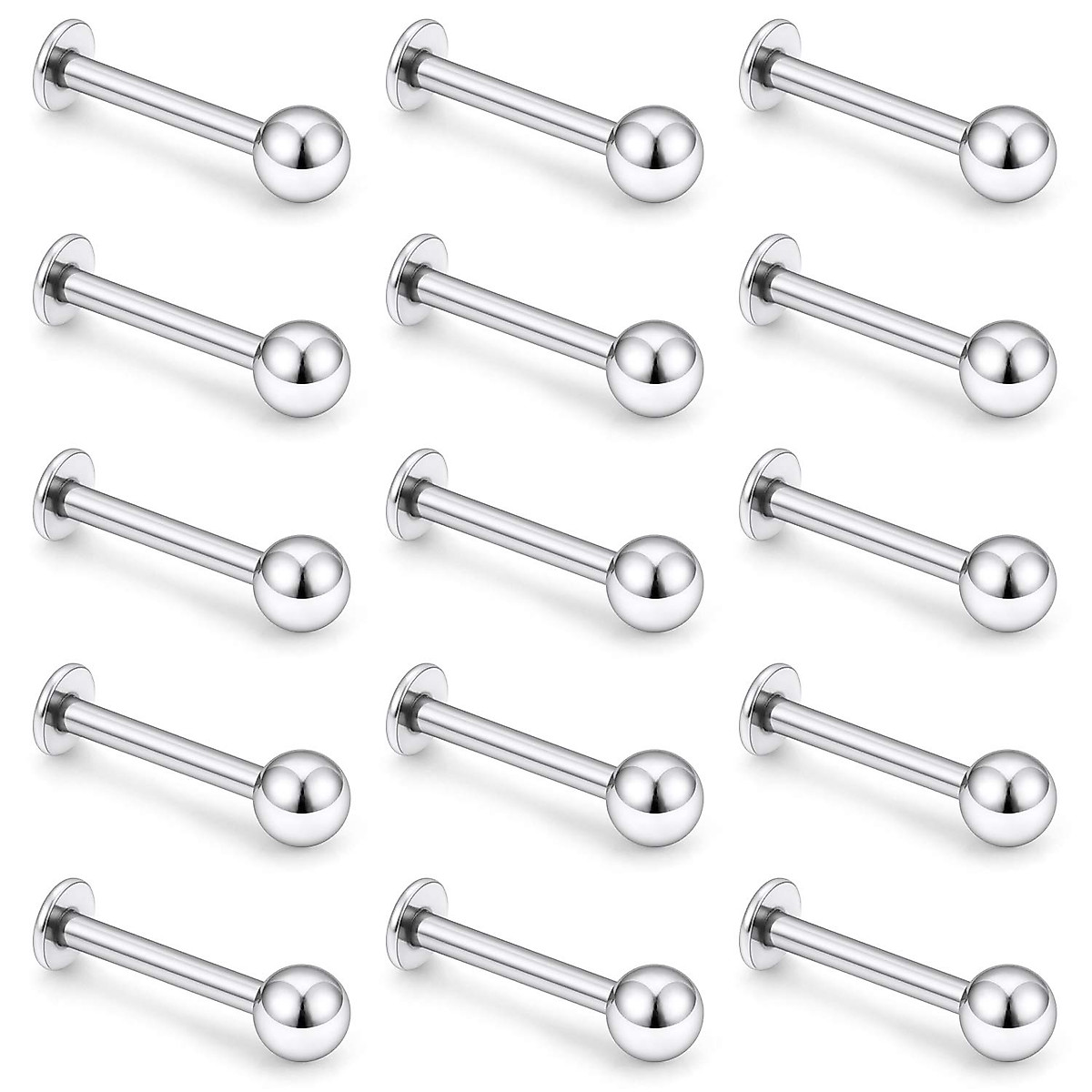 Dyknasz 15PCS 14G Surgical Steel Labret Monroe Lip Ring Studs Cartilage Tragus Helix Conch Earring Stud Barbell Piercing Jewelry for Women 8mm Silvertone
