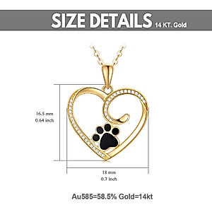SISGEM 14k Yellow Gold Heart Pendant Necklace for Women, Real Gold Dog Cat Paw Print Jewelry Gifts for Her, 16+1+1 Inch