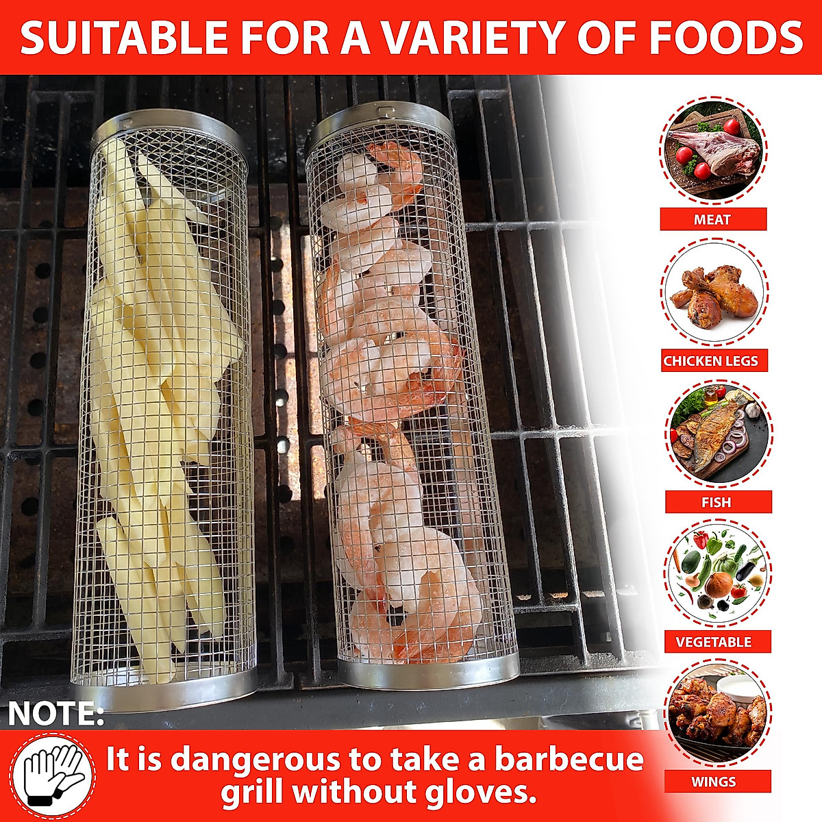 Sunmikosh Rolling Grilling Basket - Barbecue Portable Roll Grill Basket for Outdoor Camping - Stainless Steel BBQ Net Tube Grill Basket, Suitable For Fish, Kabob, Meat, Vegetables, French Fries