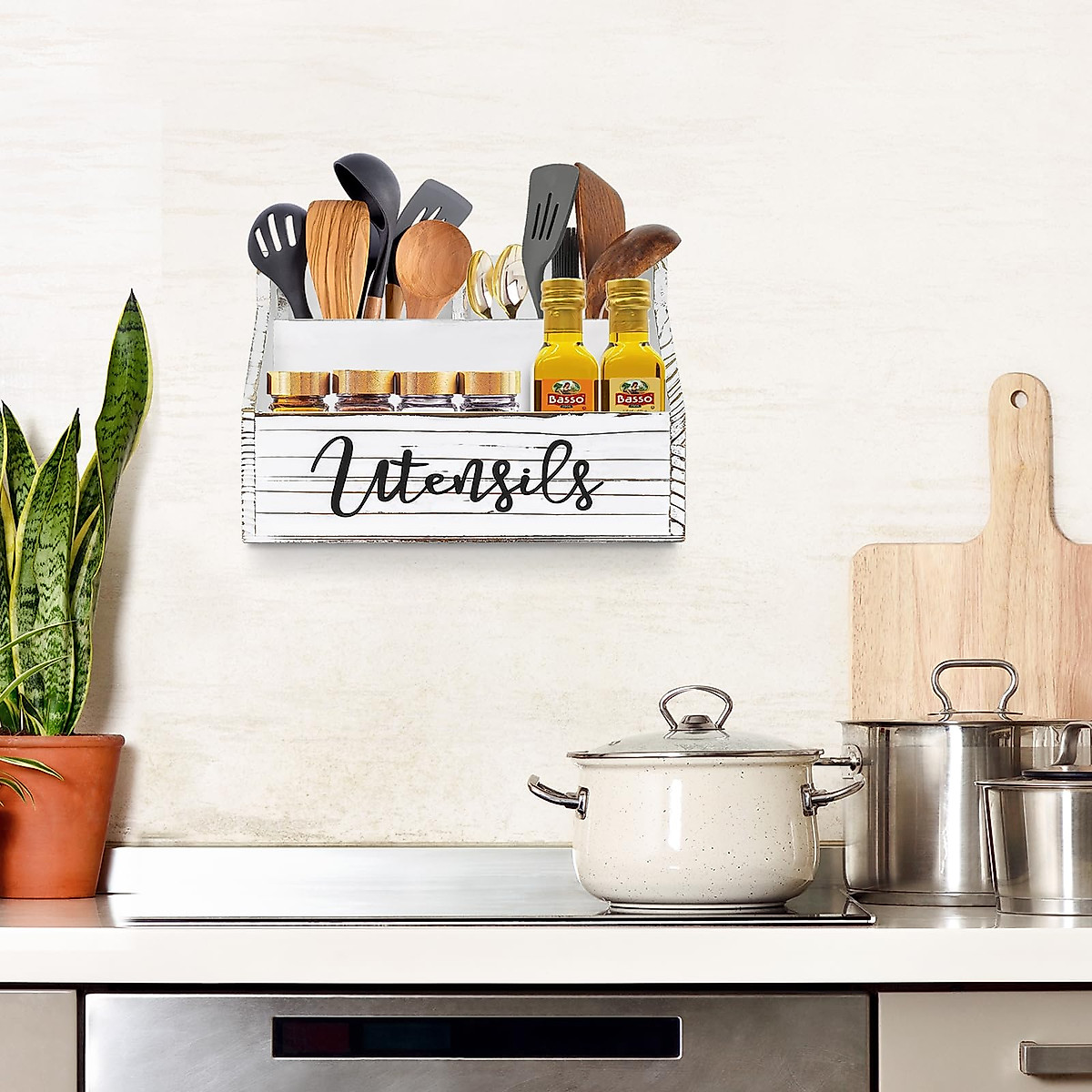 Cooking Utensil Organizer Kitchen Utensil Holder for Countertop, Wood Kitchen Tools Silverware Holder Condiment Organizer, Flatware Utensil Caddy With 3 Large Compartments, White Kitchen Accessories