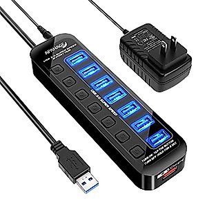 Apanage Powered USB 3.0 Hub, 8 Port USB 3.0 Hub Splitter with 7 Data Ports and 1 Smart Charging Port with Individual On/Off and 5V/4A Power Adapter USB Extension for MacBook, Mac Pro…