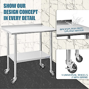 HALLY Stainless Steel Table for Prep & Work 24 x 36 Inches with Caster Wheels, NSF Commercial Heavy Duty Table with Undershelf and Backsplash for Restaurant, Home and Hotel