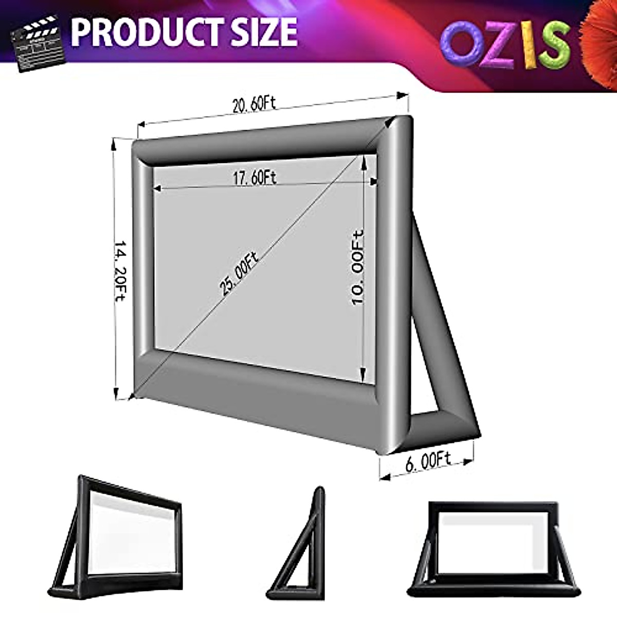 OZIS 25Ft Inflatable Outdoor and Indoor Movie Projector Screen - Blow up Mega Cinema Theater Projector Screen with 450W Blower - Supports Front and Rear Projection - for Backyard Party Barbecue Travel