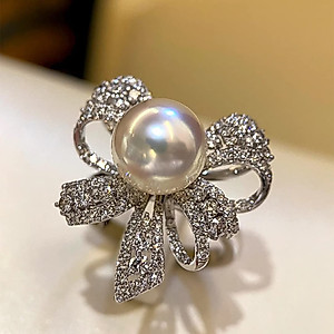 Elegant Bow Knot Pearl Rings for Women Rhinestone CZ Crystal Butterfly Tie Open Statement Ring Promise Engagement Rings Anniversary Wedding Band Jewelry
