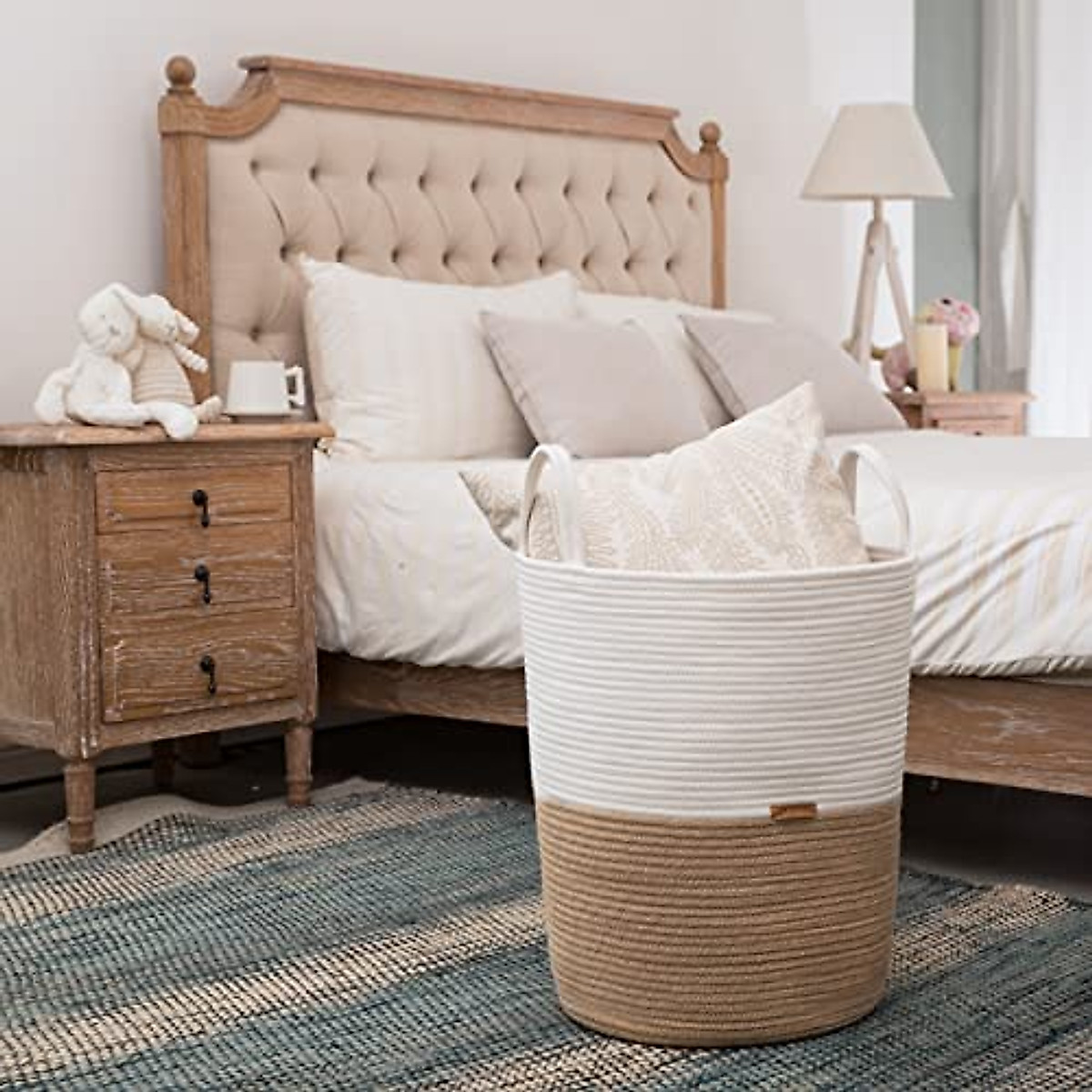 R RUNKA Extra Large Woven basket -16"x 20" Laundry Basket with Handle -Clothes Hamper, Laundry Hamper for Bedroom Living Room，Nursery Decor| Wicker Storage Basket - Off White & Jute