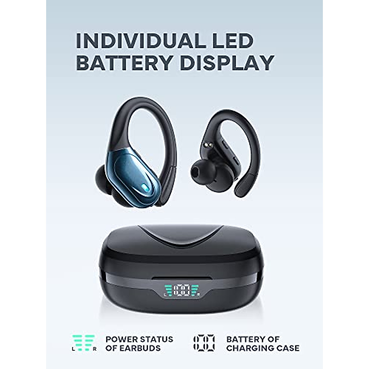 True Wireless Earbuds with Earhooks - 60hrs Battery Life Running Headphones Bluetooth 5.1 with LED Display - IPX7 Waterproof Wireless Earphones with Charging case for Sport, Running