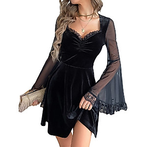 Verdusa Women's Sweetheart Neck Contrast Mesh Flounce Sleeve Lace Trim Ruched Bust Mini Dress Black L