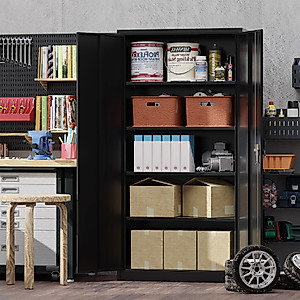 Aobabo Metal Garage Storage Cabinet,71" Lockable Metal Storage Cabinet with 2 Doors and 4 Adjustable Shelves,Black Steel Cabinet for Garage Office School Home Storage,Assembly Required