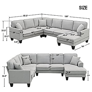 FANYE Modern U-Shaped Upholstered Left Chaise Lounge Sectional, 7 Seaters Sofá Oversized Corner Sofa & Couch with 3 Pillows and Square Plastic Legs for House,Apartment, Office Living Room, Dark Gray