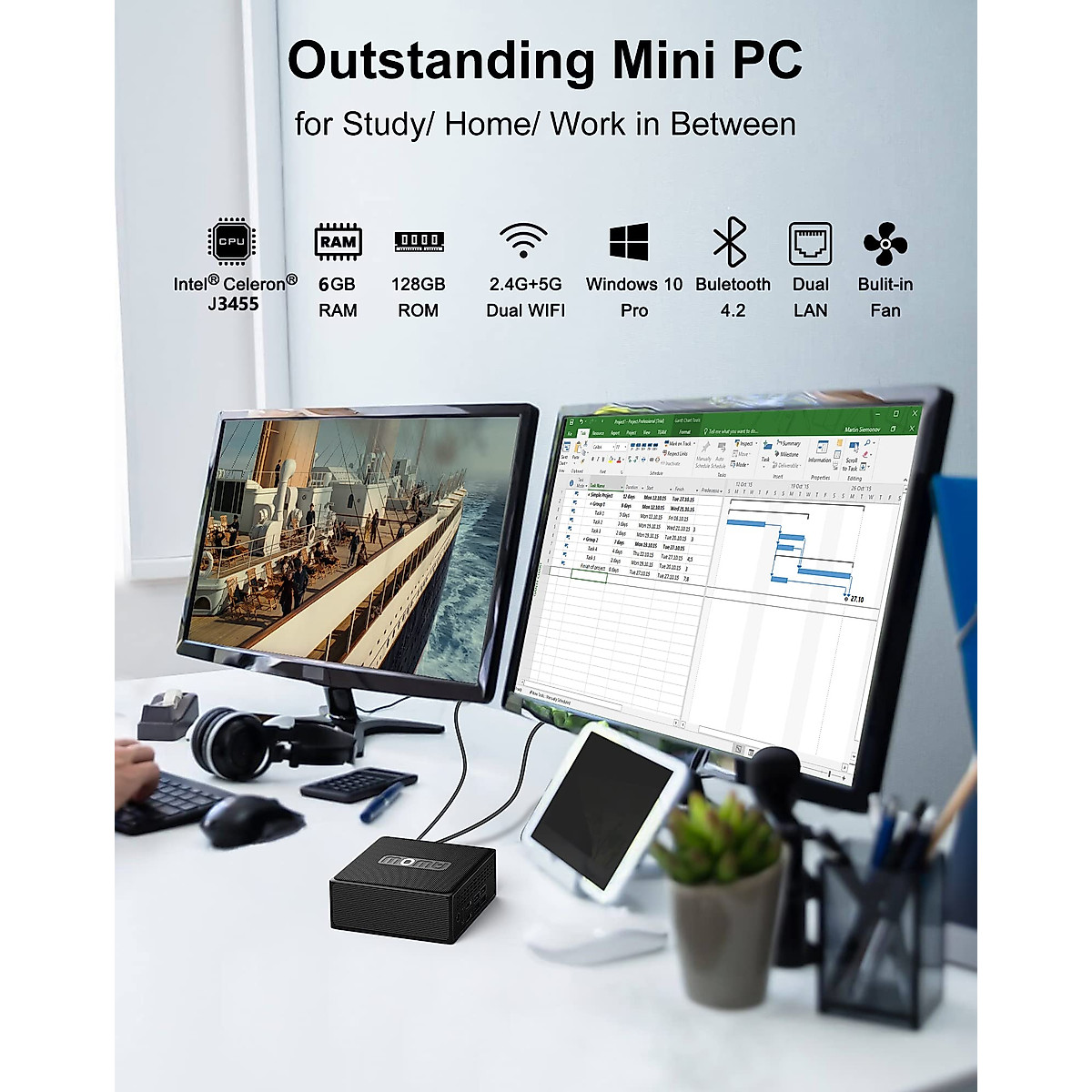 AWOW Mini PC Windows 10 Intel Celeron J3455 6GB LPDDR4 128GB SSD, Mini Desktop Computer, AK34 PRO Quad Core Small Computer, Dual Gigabit Ethernet NIC, 2*HDMI 1.4 4K@30Hz, 5*USB3.0, Bluetooth,Black