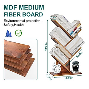 ZRWD Tree Bookshelf, 4-Tier Book Storage Organizer Shelves Floor Standing Bookcase, Wood Storage Rack for Office Home School Shelf Display for Cd/Magazine(Rustic Brown)