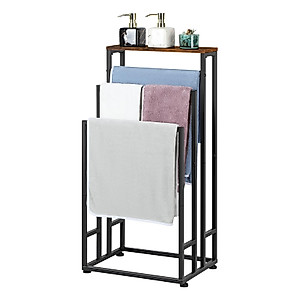 Bathroom Standing Towel Rack 3 Tier Metal Towel Holder Stand Farmhouse Blanket Ladder Holder with Storage Shelf for Bedroom Living Room, Black & Brown