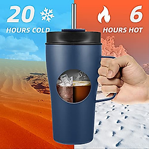 CIVAGO 20 oz Insulated Coffee Mug with Lid, Stainless Steel Coffee Travel Mug with Handle, Double Wall Vacuum Tumbler with Lid and Straw, Thermal Cup, Navy Blue