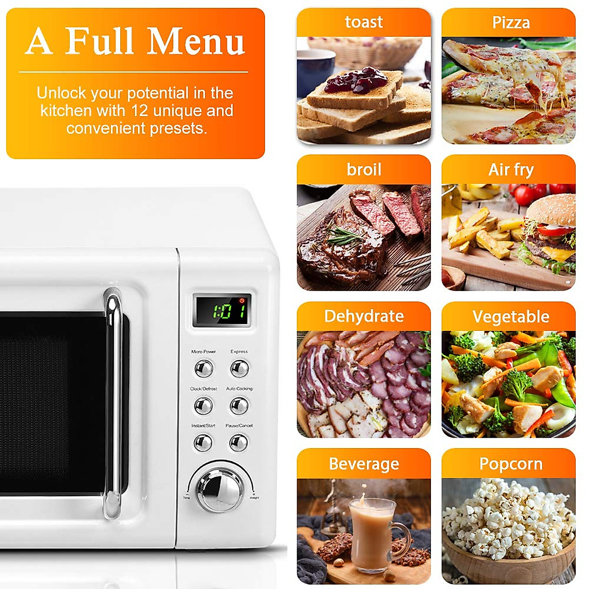 Retro Microwave Oven,Safeplus 0.7Cu.ft, Countertop 700W Microwaves with Cold Rolled Steel Plate 5 Micro Power Defrost & Auto Cooking Function LED Display Glass Turntable and Viewing Window Child Lock