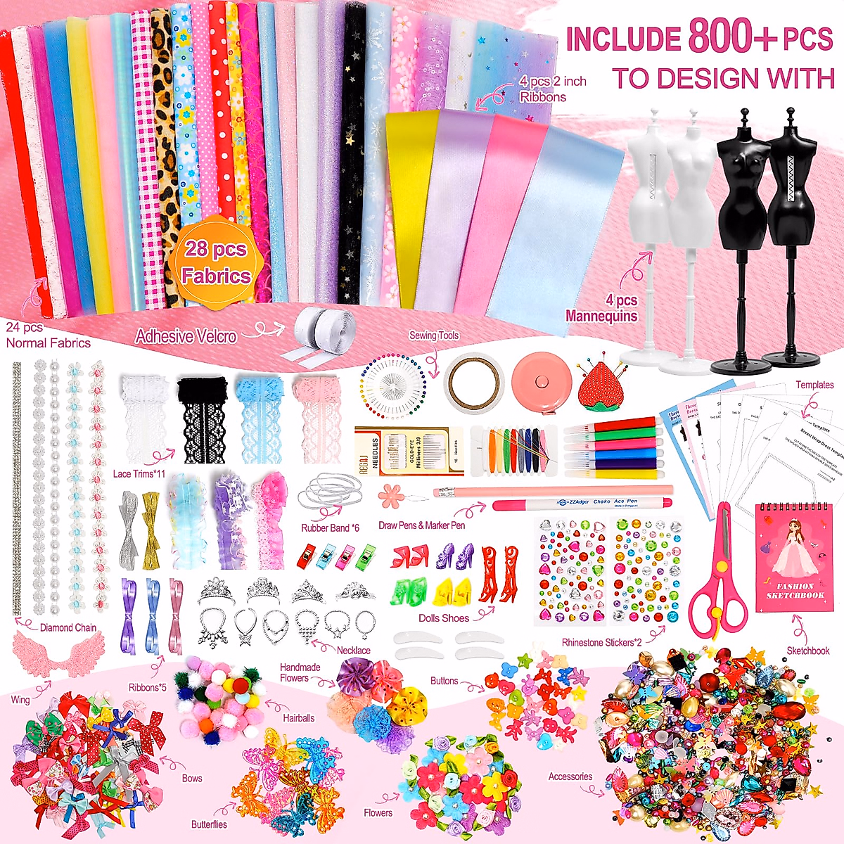 Axirata 800+PCS Fashion Designer Kit for Girls Creativity DIY Arts & Crafts Kit for Kids with Fashion Design Sketchbook, 4 Mannequins, Sewing Kit for Teen Girls Birthday Gift Age 6 7 8 9 10 11 12+
