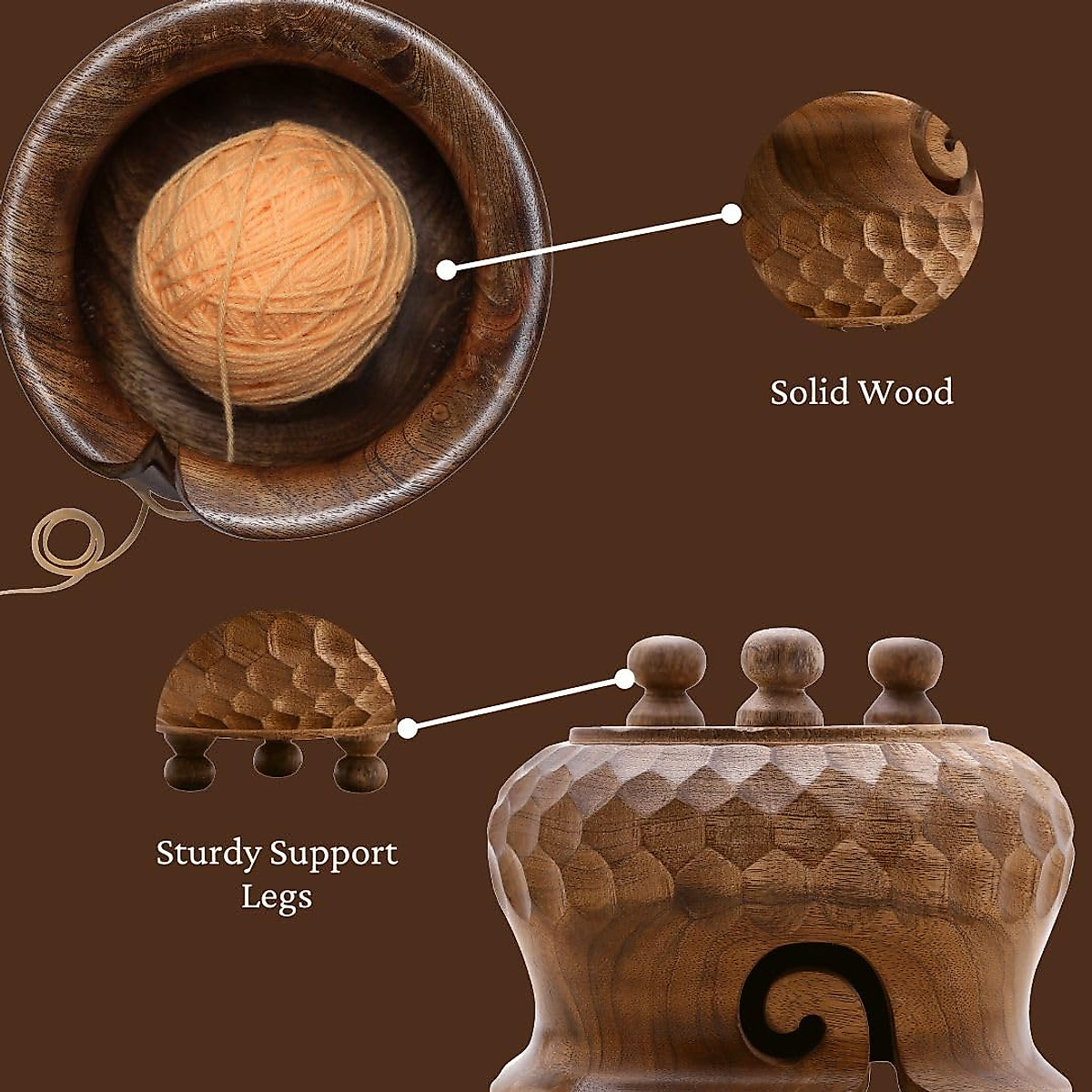 Handmade Wooden Yarn Holder – Large (7x4) Pot Shape Yarn Storage Bowl for Crocheting – Crochet Yarn Bowl Large - Crafting Gift for Knitters & Crocheters