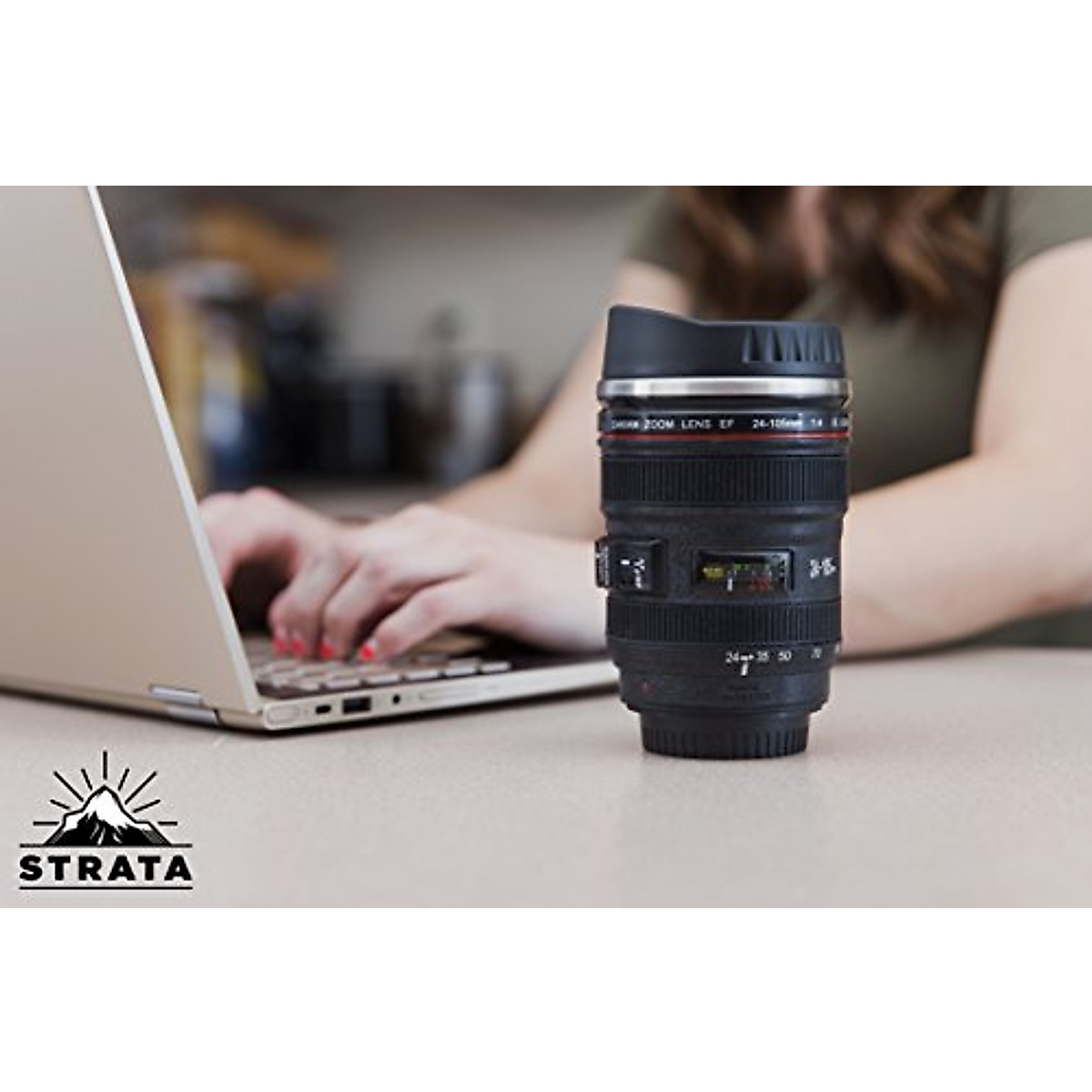 STRATA CUPS Camera Lens Coffee Mug -13.5oz, SUPER BUNDLE! (2 LIDS + SPOON) Stainless Steel Thermos, Sealed & Retractable Lids! Photographer Camera Mug, Travel Coffee Cup, Coffee Mugs for Men, Women