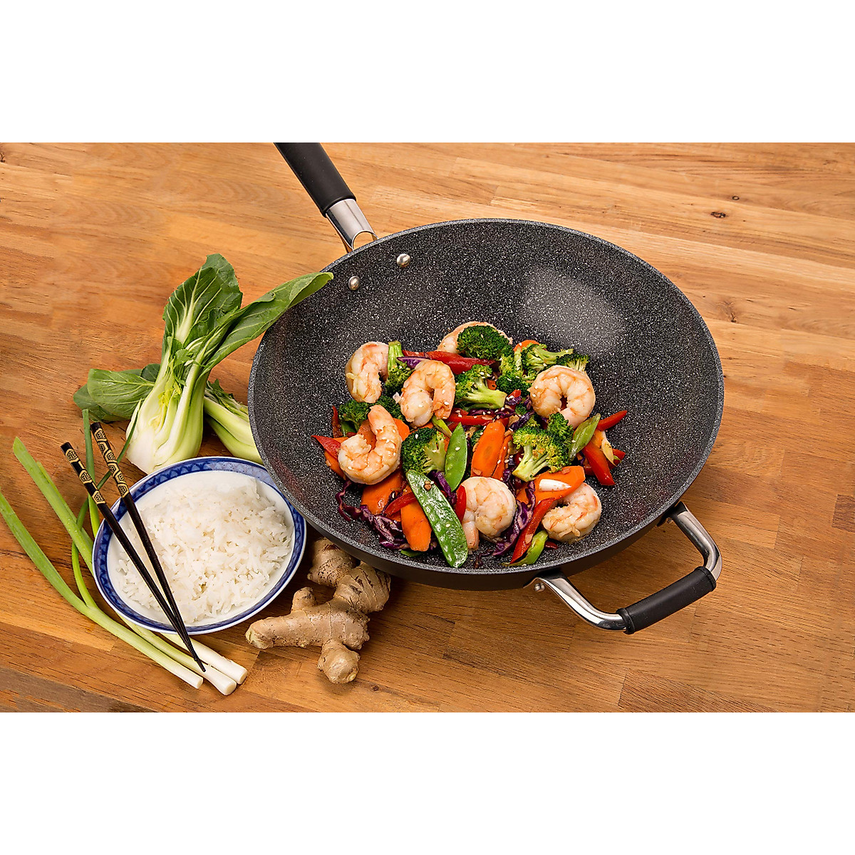 DaTerra Cucina Professional 13 Inch Wok with Glass Lid | Italian Made Ceramic Wok Pan Chef's Favorite Large Wok for All-Around Ease of Cooking Eggs, Burgers, Vegetables and More
