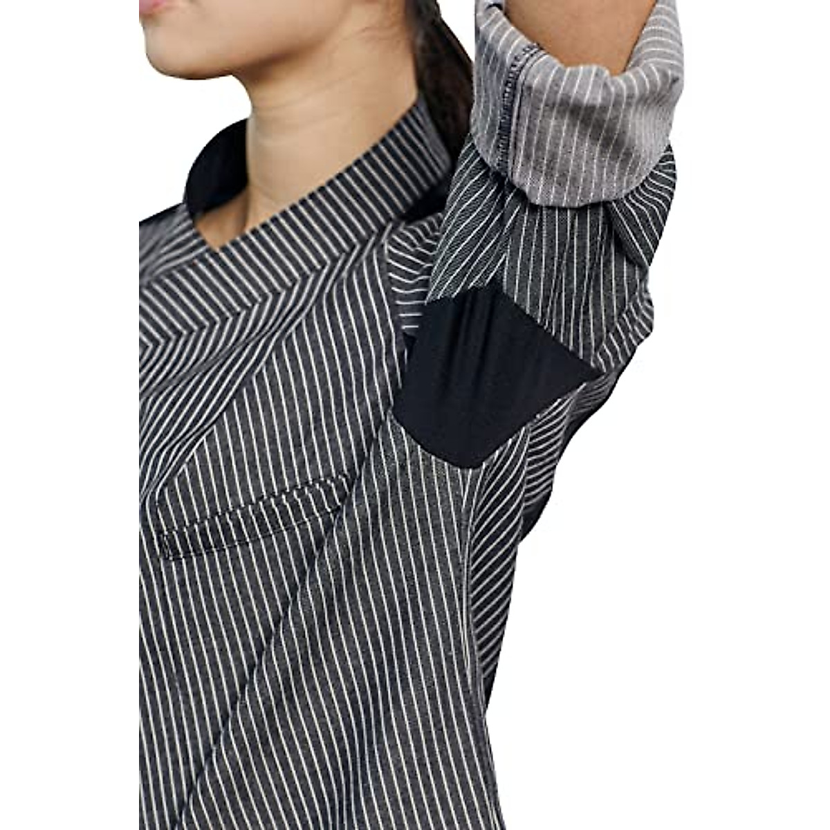 BE THE CHEF Asian Fit Performance 2 Colors Striped Crossover Collar Chef Coat Jacket with Cool Mesh Panels (Black, Medium)