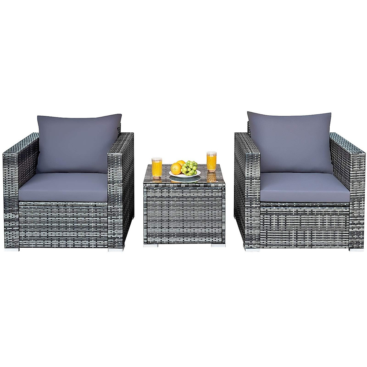 HAPPYGRILL 3 Pieces Patio Conversation Set, Outdoor Rattan Wicker Sofa Set with Coffee Table, Patio Furniture Set with Soft Cushions for Balcony Porch Backyard Garden