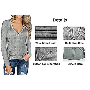 L'ASHER Women's Henley Shirts V Neck Long Sleeve Tunic Top Button Up Blouse Shirt Casual Loose Top Tees Large Gray